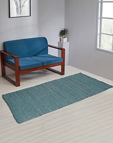 Durrie India Area Rugs for Bedroom Living Room Rug Durrie 6' x 4' Ft Handmade Boho Braided Jute & Cotton Area Rug - Blue