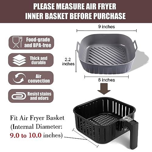 Golden Associate Silicone Liners Square 9 Inches for Large Air Fryer, 2 Pcs Non-stick Food-grade Reusable Silicone Pot Baking Tray