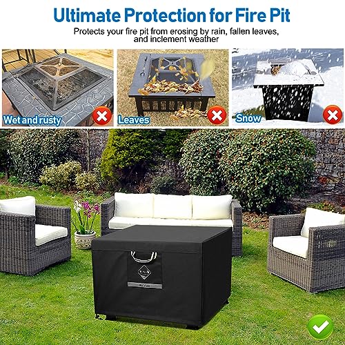 QH.HOME Fire Pit Cover Square Super Waterproof, 32" L x 32" W x 24" H Outdoor Firepit Table Cover 600D Strong Tear Resistant, UPF 50+ Fire Pit Cover Fading Resistant for Square Fire Pit - Black