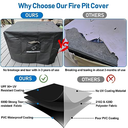 QH.HOME Fire Pit Cover Square Super Waterproof, 32" L x 32" W x 24" H Outdoor Firepit Table Cover 600D Strong Tear Resistant, UPF 50+ Fire Pit Cover Fading Resistant for Square Fire Pit - Black