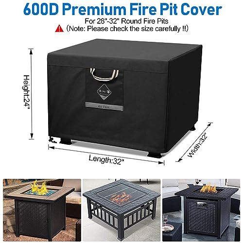 QH.HOME Fire Pit Cover Square Super Waterproof, 32" L x 32" W x 24" H Outdoor Firepit Table Cover 600D Strong Tear Resistant, UPF 50+ Fire Pit Cover Fading Resistant for Square Fire Pit - Black