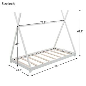 GLANZEND Twin Size House Platform Bed with Triangle Structure Montessori Beds Bedframe w/Wood Slat Support No Box Spring Needed, Easy to Assemble for Bedroom, Children Room, Living Room, White