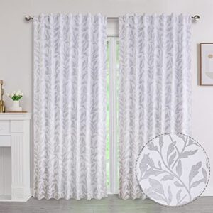 OVZME Velvet White Blackout Curtains, Thermal Insulated Curtains 100% Room Darkening Drapes, Super Soft Leaves Luxury Curtains for Living Room Bedroom 2 Panels, Rod Pocket&Back Tab, White, 52x84