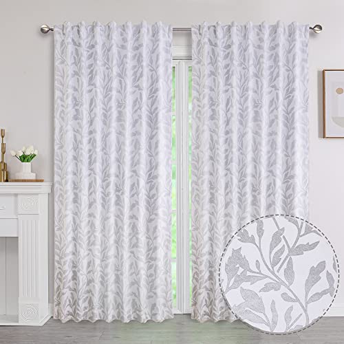 OVZME Velvet White Blackout Curtains, Thermal Insulated Curtains 100% Room Darkening Drapes, Super Soft Leaves Luxury Curtains for Living Room Bedroom 2 Panels, Rod Pocket&Back Tab, White, 52x84