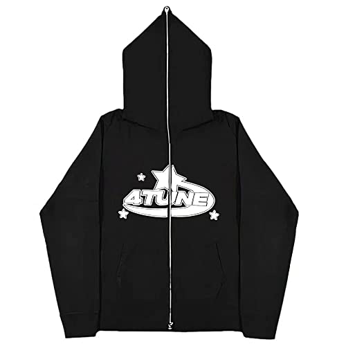 ukoyhga Star Letter Print Hoodie Men Retro Zip Up Long Sleeve Loose Jacket Coats Harajuku Casual Gothic Hooded Sweatshirt Y2K Streetwear