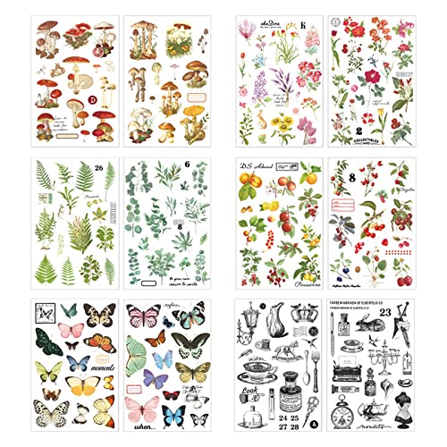 12 Sheets Rub on Transfers for Furniture Crafts Butterfly Flower Plant Stickers for Journaling Scrapbooking Supplies Mushroom Botanical Rub on Decor Transfers Sticker Decals DIY Scrapbooking Bullet Journal Album supplies