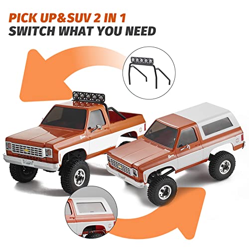 WOWRC FMS 1/24 RC Crawler FCX24 Chevy K5 Blazer Officially Licensed, Mini RC Car Pick Up Truck & SUV 2 in 1, 4WD 8km/h 2 Speeds Switch, 2.4GHz 3CH Off-Road RC Model with LED Lights for Adults, Orange