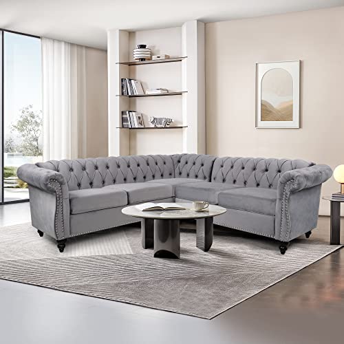 QHITTY L-Shaped Sofa, Sectional Chesterfield Couch 5-Seater Velvet Upholstered Small Accent Tufted Sofa with Rolled Armrest and Nailhead Design for Living Room, Apartment, Office (Grey)