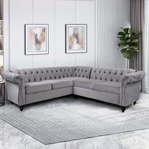 QHITTY L-Shaped Sofa, Sectional Chesterfield Couch 5-Seater Velvet Upholstered Small Accent Tufted Sofa with Rolled Armrest and Nailhead Design for Living Room, Apartment, Office (Grey)