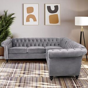 QHITTY L-Shaped Sofa, Sectional Chesterfield Couch 5-Seater Velvet Upholstered Small Accent Tufted Sofa with Rolled Armrest and Nailhead Design for Living Room, Apartment, Office (Grey)