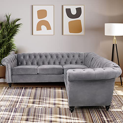 QHITTY L-Shaped Sofa, Sectional Chesterfield Couch 5-Seater Velvet Upholstered Small Accent Tufted Sofa with Rolled Armrest and Nailhead Design for Living Room, Apartment, Office (Grey)