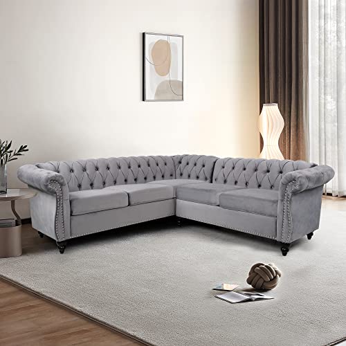 QHITTY L-Shaped Sofa, Sectional Chesterfield Couch 5-Seater Velvet Upholstered Small Accent Tufted Sofa with Rolled Armrest and Nailhead Design for Living Room, Apartment, Office (Grey)