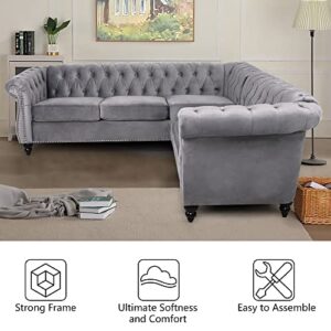 QHITTY L-Shaped Sofa, Sectional Chesterfield Couch 5-Seater Velvet Upholstered Small Accent Tufted Sofa with Rolled Armrest and Nailhead Design for Living Room, Apartment, Office (Grey)