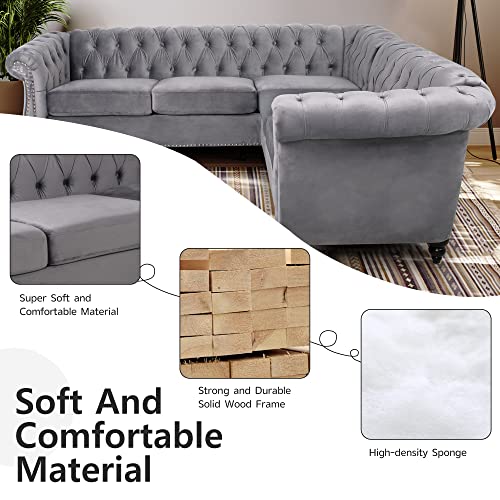 QHITTY L-Shaped Sofa, Sectional Chesterfield Couch 5-Seater Velvet Upholstered Small Accent Tufted Sofa with Rolled Armrest and Nailhead Design for Living Room, Apartment, Office (Grey)