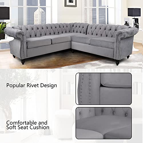 QHITTY L-Shaped Sofa, Sectional Chesterfield Couch 5-Seater Velvet Upholstered Small Accent Tufted Sofa with Rolled Armrest and Nailhead Design for Living Room, Apartment, Office (Grey)