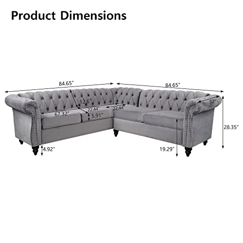 QHITTY L-Shaped Sofa, Sectional Chesterfield Couch 5-Seater Velvet Upholstered Small Accent Tufted Sofa with Rolled Armrest and Nailhead Design for Living Room, Apartment, Office (Grey)