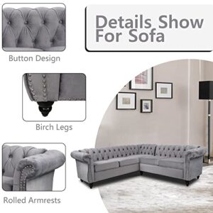 QHITTY L-Shaped Sofa, Sectional Chesterfield Couch 5-Seater Velvet Upholstered Small Accent Tufted Sofa with Rolled Armrest and Nailhead Design for Living Room, Apartment, Office (Grey)