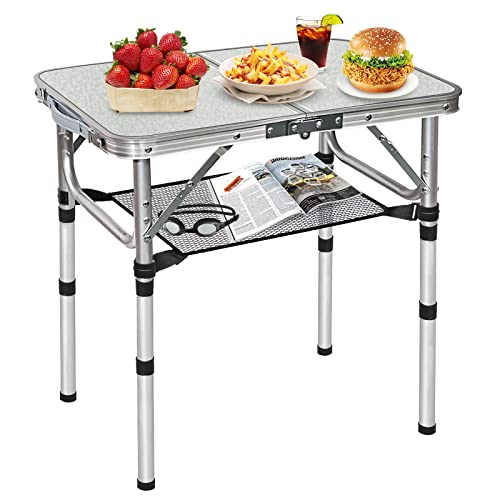 FURFIMU Small Folding Table,3 Adjustable Height Foldable Table,2Ft Portable Camping Table,Outdoor Folding Table with Net Mesh，Folding Beach Table,White Metal Folding Table for Patio BBQ