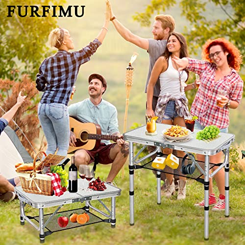 FURFIMU Small Folding Table,3 Adjustable Height Foldable Table,2Ft Portable Camping Table,Outdoor Folding Table with Net Mesh，Folding Beach Table,White Metal Folding Table for Patio BBQ