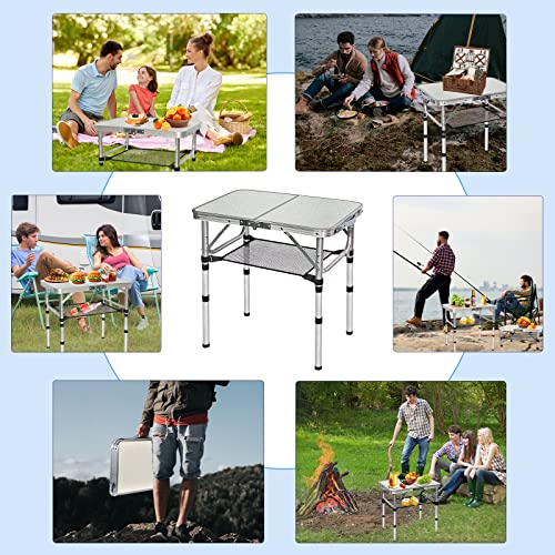 FURFIMU Small Folding Table,3 Adjustable Height Foldable Table,2Ft Portable Camping Table,Outdoor Folding Table with Net Mesh，Folding Beach Table,White Metal Folding Table for Patio BBQ