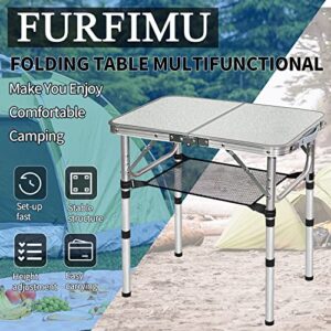 FURFIMU Small Folding Table,3 Adjustable Height Foldable Table,2Ft Portable Camping Table,Outdoor Folding Table with Net Mesh，Folding Beach Table,White Metal Folding Table for Patio BBQ