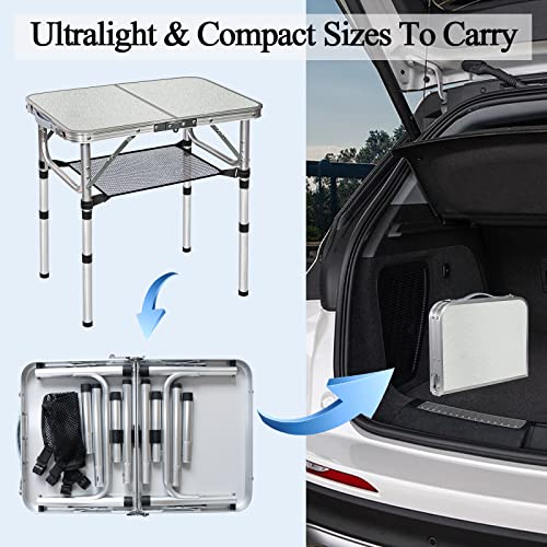 FURFIMU Small Folding Table,3 Adjustable Height Foldable Table,2Ft Portable Camping Table,Outdoor Folding Table with Net Mesh，Folding Beach Table,White Metal Folding Table for Patio BBQ