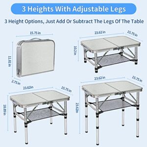 FURFIMU Small Folding Table,3 Adjustable Height Foldable Table,2Ft Portable Camping Table,Outdoor Folding Table with Net Mesh，Folding Beach Table,White Metal Folding Table for Patio BBQ