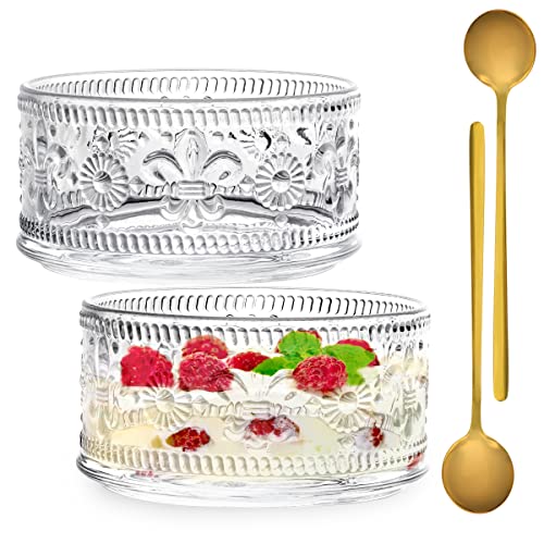 Swetwiny Glass Bowl Glass Dessert Bowls Set, 15.5oz Glass Serving Bowl with Gold Spoon Ice Cream Bowls Trifle Bowl For Dessert, Ice Cream, Cereal, Nuts, Pudding (Lily Flower, Set of 2)