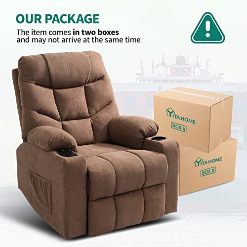 YITAHOME Recliner Chair with Wireless Charging, Electric Power Recliner Chair with Massage for Elderly, Fabric Reclining Loveseat with USB Ports, Side Pocket, Remote Control，Brown