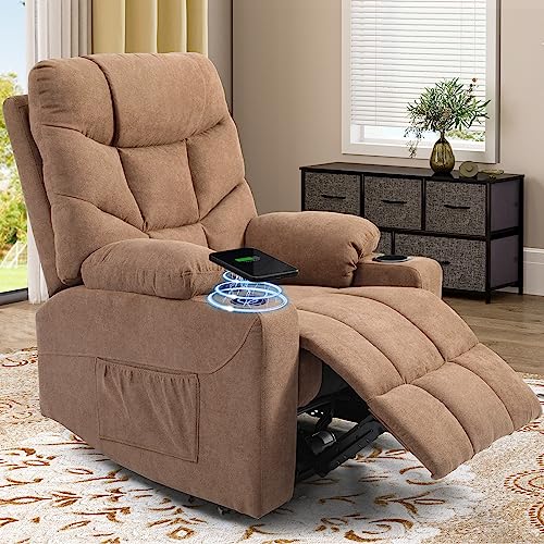 YITAHOME Recliner Chair with Wireless Charging, Electric Power Recliner Chair with Massage for Elderly, Fabric Reclining Loveseat with USB Ports, Side Pocket, Remote Control，Brown