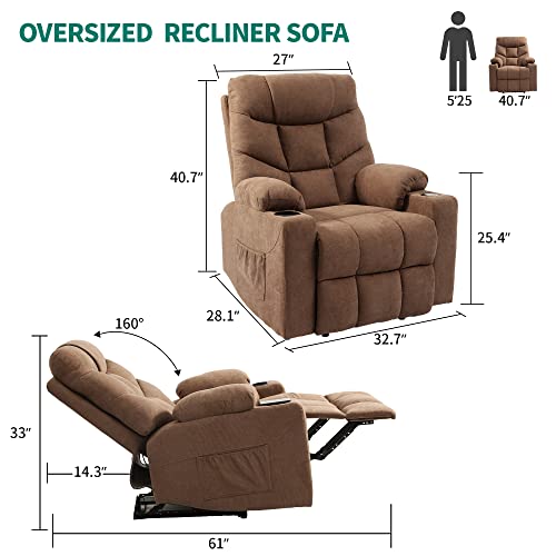 YITAHOME Recliner Chair with Wireless Charging, Electric Power Recliner Chair with Massage for Elderly, Fabric Reclining Loveseat with USB Ports, Side Pocket, Remote Control，Brown