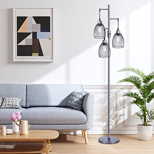 Dimmable Industrial Floor Lamps for Living Room, Gray Tree Standing Tall Lamps with 3 Elegant Teardrop Cage Head & 800 Lumens LED Bulbs for Bedroom Office