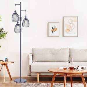 Dimmable Industrial Floor Lamps for Living Room, Gray Tree Standing Tall Lamps with 3 Elegant Teardrop Cage Head & 800 Lumens LED Bulbs for Bedroom Office