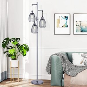 Dimmable Industrial Floor Lamps for Living Room, Gray Tree Standing Tall Lamps with 3 Elegant Teardrop Cage Head & 800 Lumens LED Bulbs for Bedroom Office