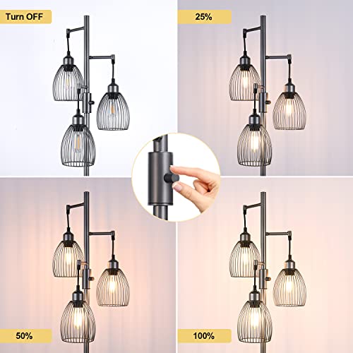 Dimmable Industrial Floor Lamps for Living Room, Gray Tree Standing Tall Lamps with 3 Elegant Teardrop Cage Head & 800 Lumens LED Bulbs for Bedroom Office