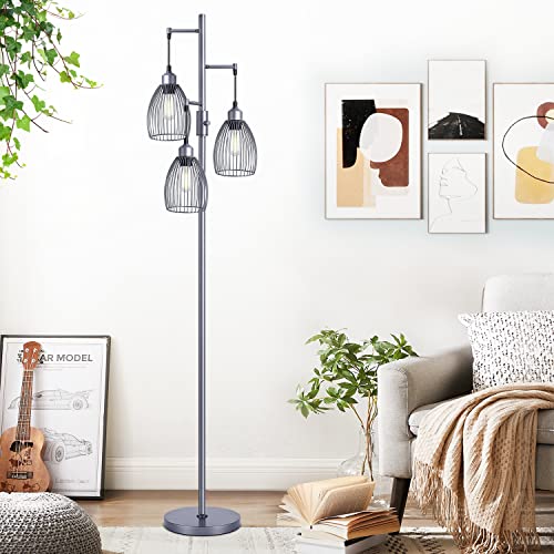 Dimmable Industrial Floor Lamps for Living Room, Gray Tree Standing Tall Lamps with 3 Elegant Teardrop Cage Head & 800 Lumens LED Bulbs for Bedroom Office