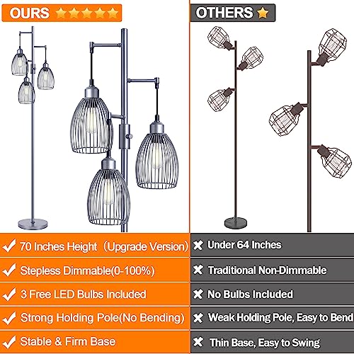 Dimmable Industrial Floor Lamps for Living Room, Gray Tree Standing Tall Lamps with 3 Elegant Teardrop Cage Head & 800 Lumens LED Bulbs for Bedroom Office