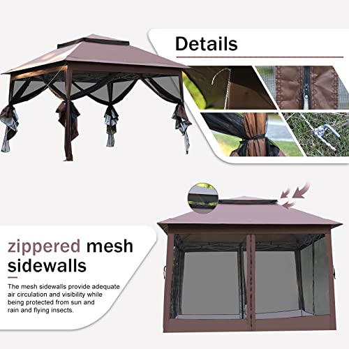 XXkseh 10x10 Pop-Up Instant Gazebo Tent with Mosquito Netting Outdoor Canopy Shelter with 112 Square Feet for Patio Garden Backyard (Brown)