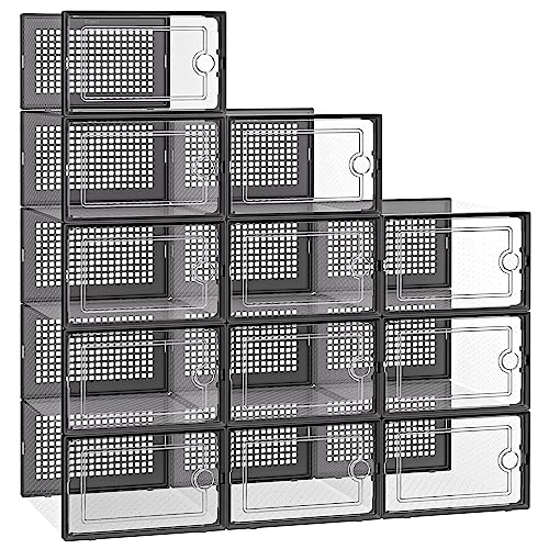 Kuject Black Shoe Organizers Storage Boxes for Closet, 12 Pack Clear Plastic Stackable Sneaker Containers Bins with Lids, Under Bed Shoe Storage for Entryway, Drop Front, Fit up to Women's Size 10