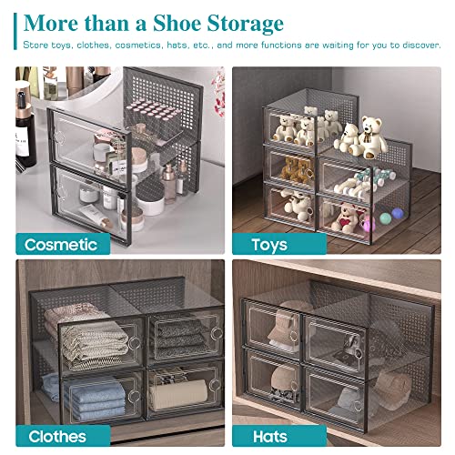 Kuject Black Shoe Organizers Storage Boxes for Closet, 12 Pack Clear Plastic Stackable Sneaker Containers Bins with Lids, Under Bed Shoe Storage for Entryway, Drop Front, Fit up to Women's Size 10