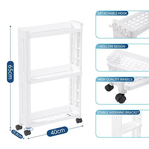 HAIXIN Slim Rolling Storage Cart, 3 Tier Bathroom Organizer Mobile Shelving Unit, Mobile Shelving Unit Storage Rolling Utility Cart, Tower Rack for Kitchen Bathroom Laundry Dorm Narrow Places, White