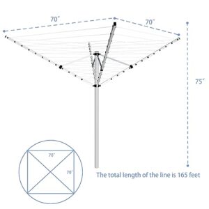 Umbrella Clothesline Outdoor 4 Arms 12 Rows, 165 Feet Rotatable, Foldable Outdoor Clothesline, Aluminum Alloy Material Silver Gray Clothes Drying Rack Outdoor With Metal Ground Insert, Extension Rod