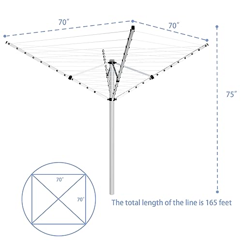 Umbrella Clothesline Outdoor 4 Arms 12 Rows, 165 Feet Rotatable, Foldable Outdoor Clothesline, Aluminum Alloy Material Silver Gray Clothes Drying Rack Outdoor With Metal Ground Insert, Extension Rod