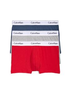 calvin klein men's modern cotton stretch 3-pack low rise trunk, grey heather, blue edge, fuschia berry, medium