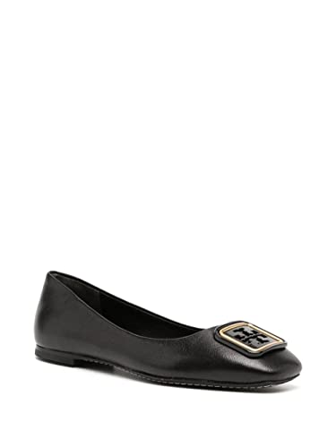 Tory Burch Women's Black Leather Georgia Square Toe Logo Flats Shoes (us_footwear_size_system, adult, women, numeric, medium, numeric_6)