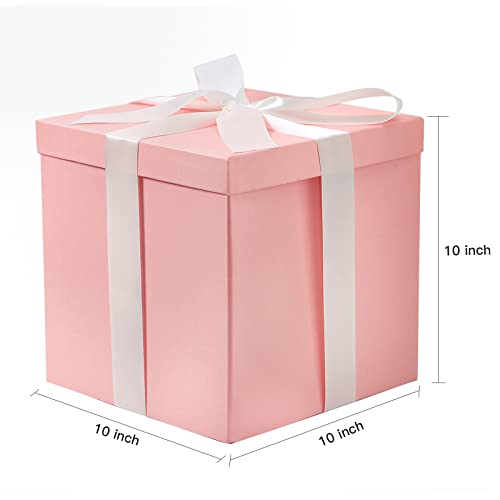 RUSPEPA Medium Birthday Gift Box with Lids, Ribbon and Tissue Paper, Collapsible Gift Box - 1 Pcs, 10x10x10 Inches, Pink