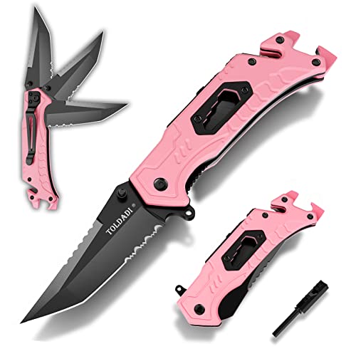 Toldadi 7-in-1 Multitool Pink Pocket Knife for Women - 3.2" Folding Pocket Knife with Spring Assisted Opening, Clip, Liner Lock - Versatile Tool for Outdoor, Camping, Survival, Hiking