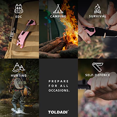 Toldadi 7-in-1 Multitool Pink Pocket Knife for Women - 3.2" Folding Pocket Knife with Spring Assisted Opening, Clip, Liner Lock - Versatile Tool for Outdoor, Camping, Survival, Hiking