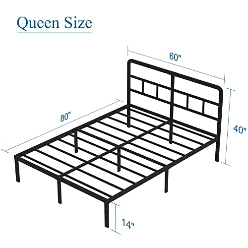 DiaOutro 14 Inch Queen Bed Frame with Headboard No Box Spring Needed and Non Slip Mattress Gaskets, Queen Size Platform with Steel Slat, Mattress Foundation, Easy Assembly, Noise Free, Black