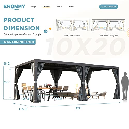 EROMMY 10' x 20' Outdoor Louvered Pergola, Patio Hardtop Gazebo, Sun Shade Shelter, Adjustable Metal Roof Hardtop Gazebo for Deck Patio Garden Yard, Curtains and Netting Included, Gray-Black